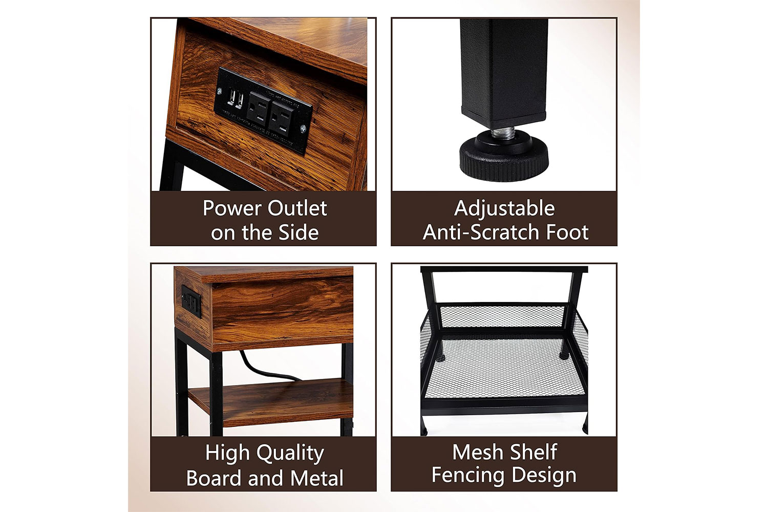 LUXIA Bedside Table with Built-in Power Socket & USB Ports (Dark Walnut ...