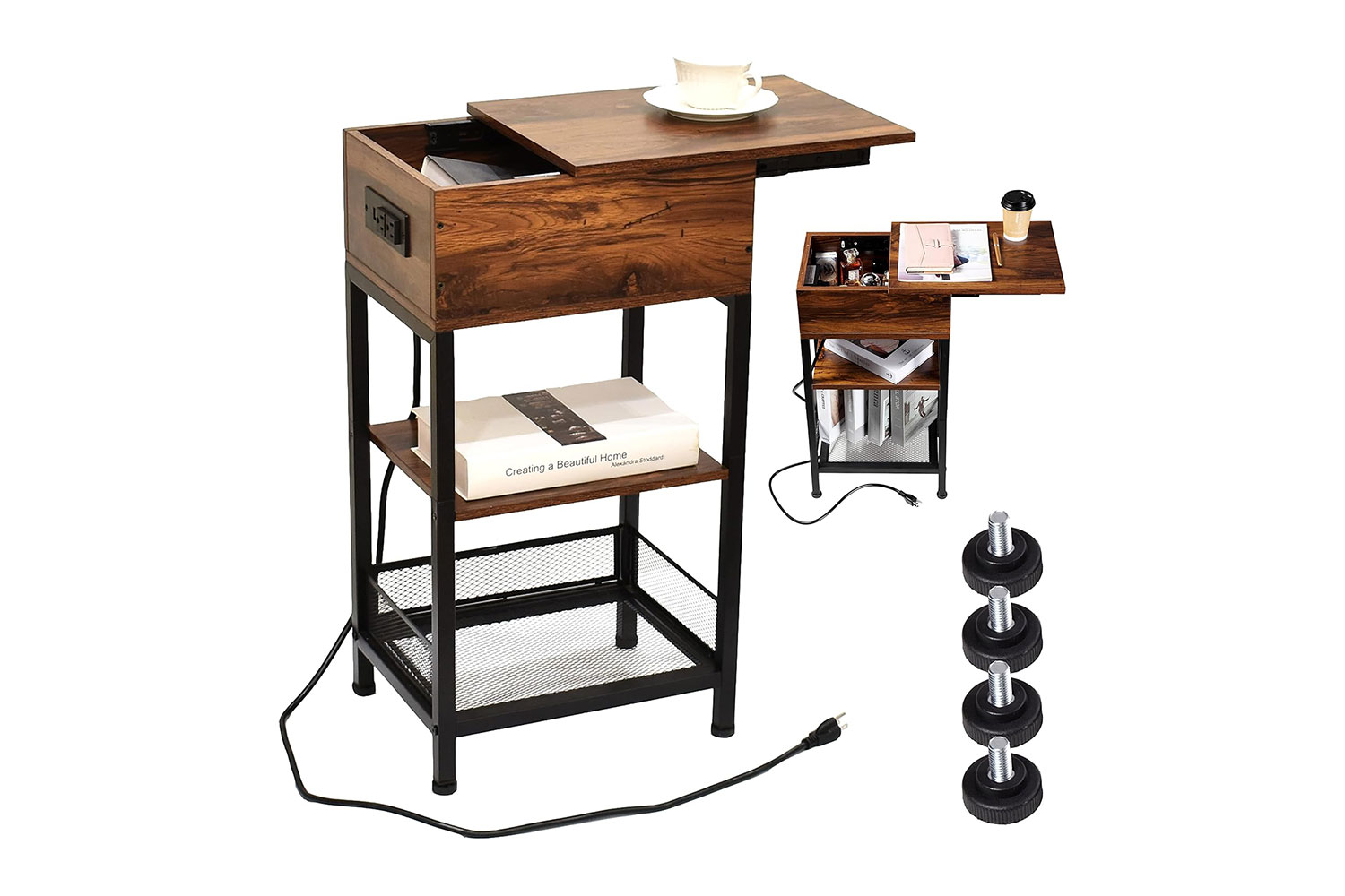LUXIA Bedside Table with Built-in Power Socket & USB Ports (Dark Walnut ...