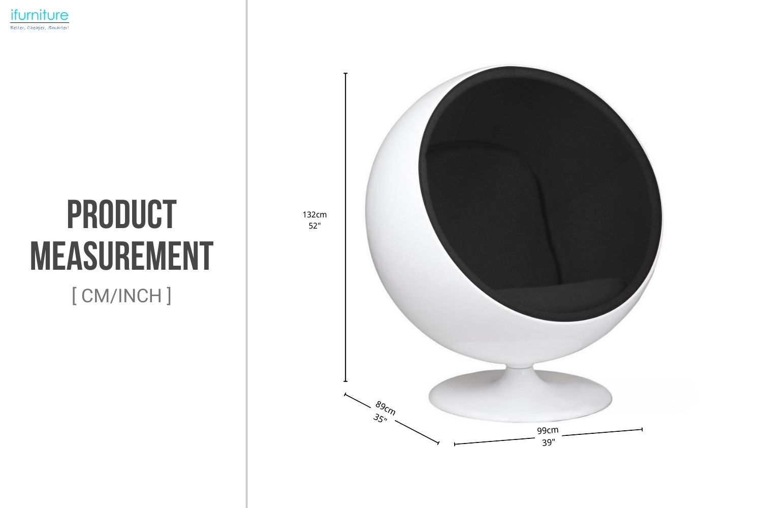 REPLICA Fiber Glass & Cashmere BALL Chair (White Shell with Black ...