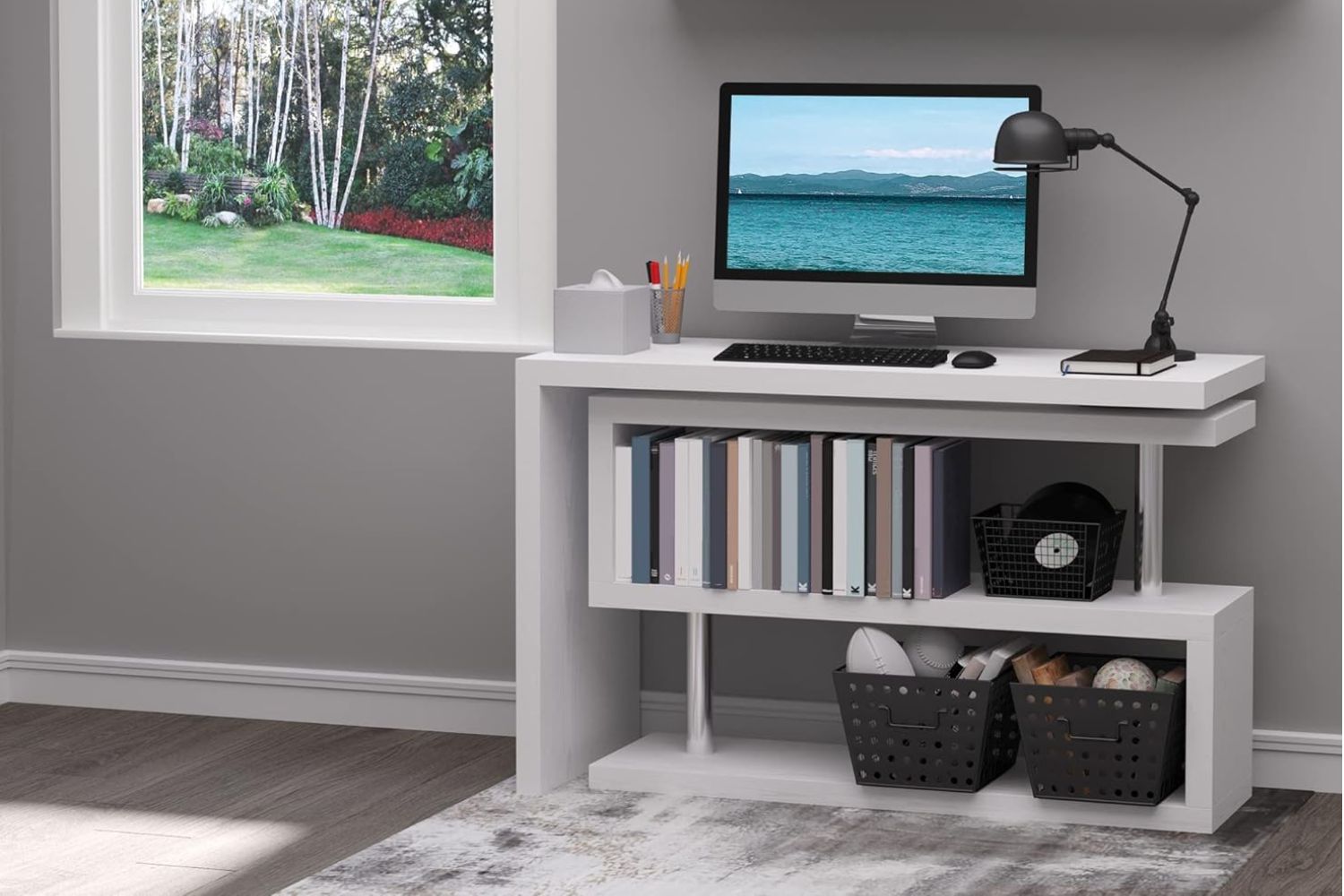 MACIE 360° Rotate Office Desk with Shelf (High Gloss White)-iFurniture ...