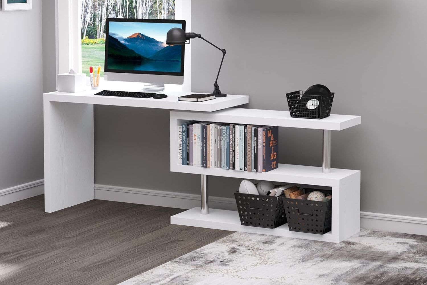 MACIE 360° Rotate Office Desk with Shelf (High Gloss White)-iFurniture ...