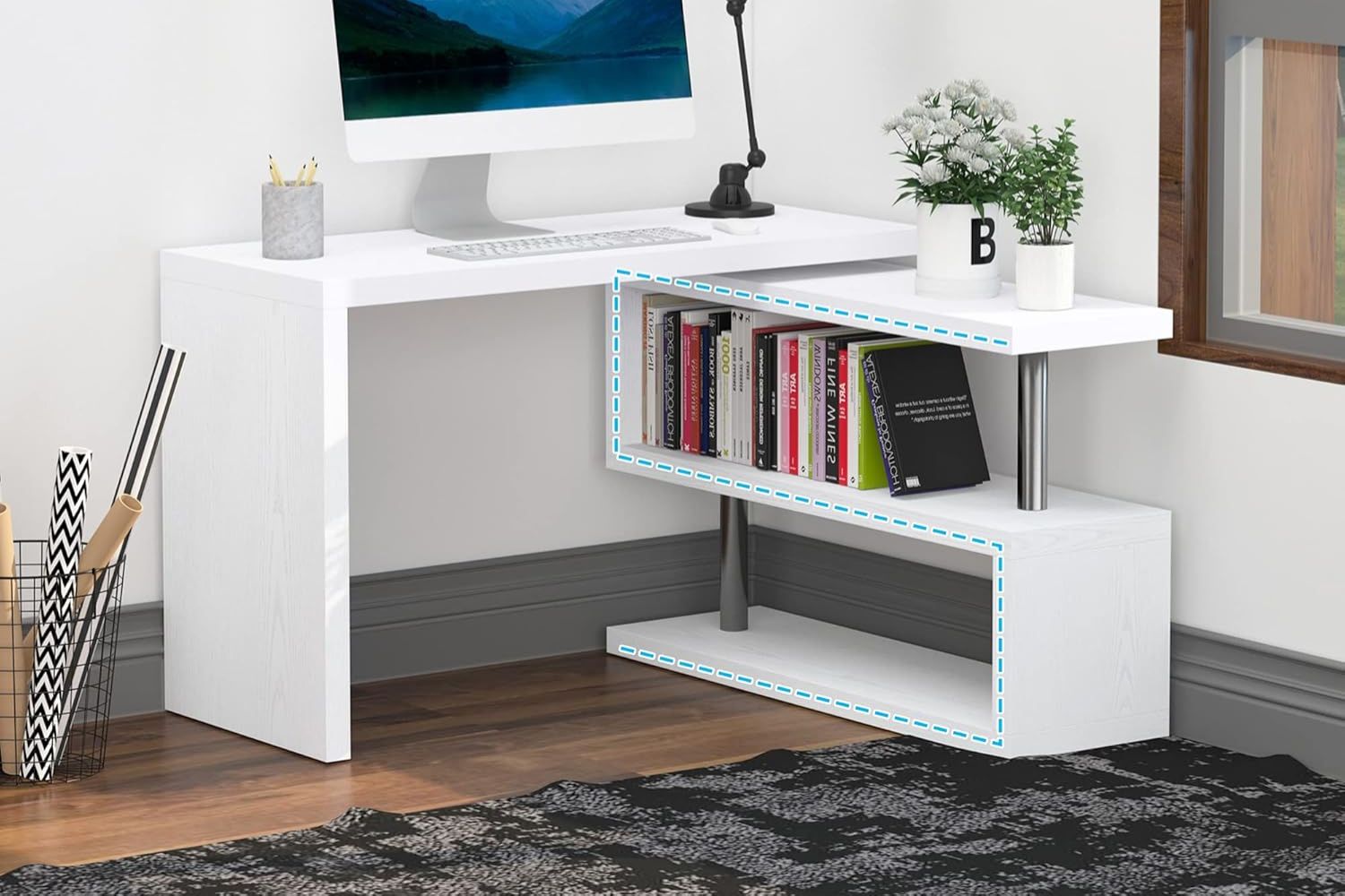 MACIE 360° Rotate Office Desk with Shelf (High Gloss White)-iFurniture ...