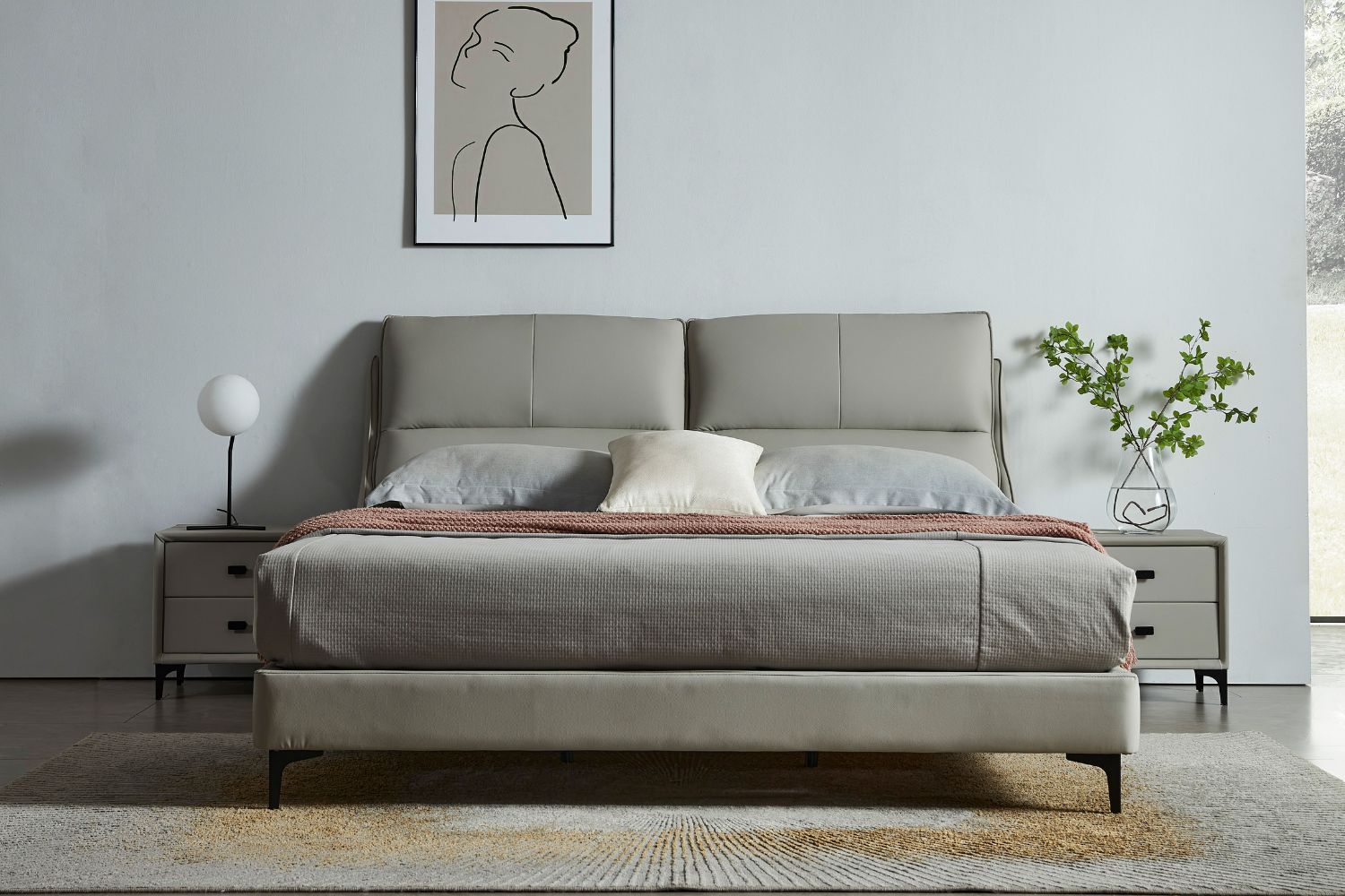 ROMEO Genuine Leather Bed Frame in Queen/Eastern King Sizes (Light Grey ...