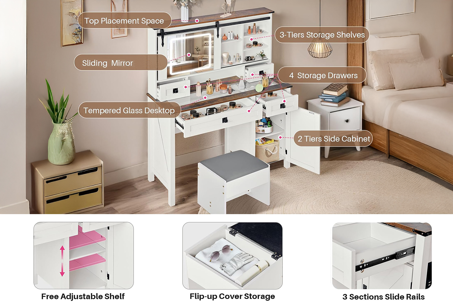 LORRAINE Tempered Glass Top Dressing Table with LED Mirror, Charging ...