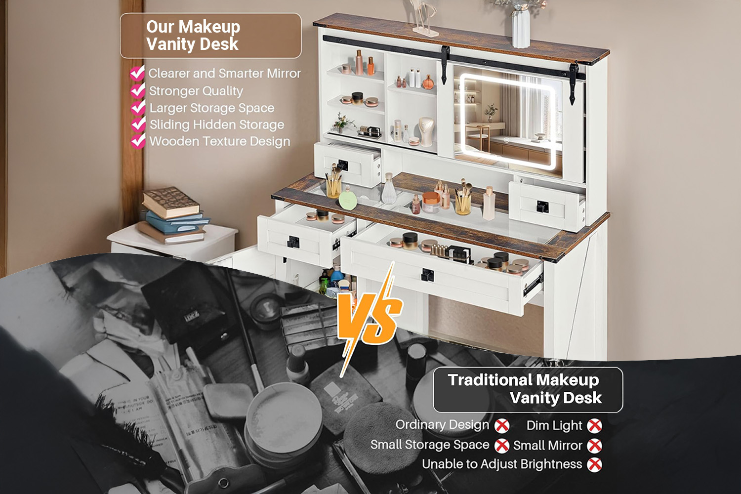 LORRAINE Tempered Glass Top Dressing Table with LED Mirror, Charging ...