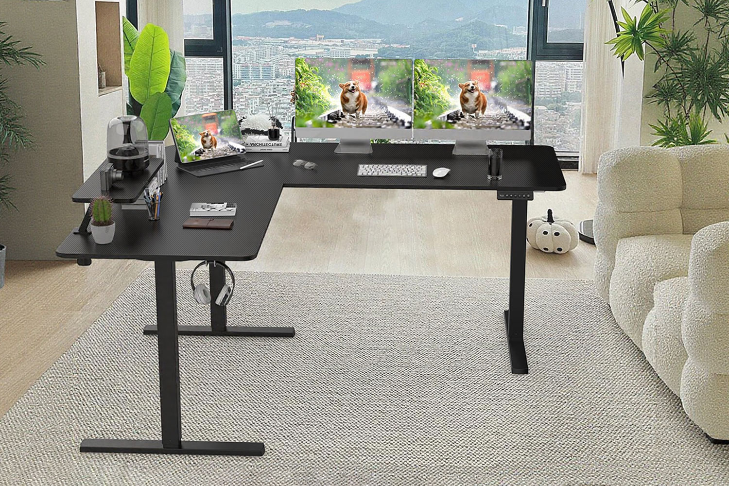 NEXUS 63" L-Shaped Electric Height-Adjustable Standing Desk with LED ...