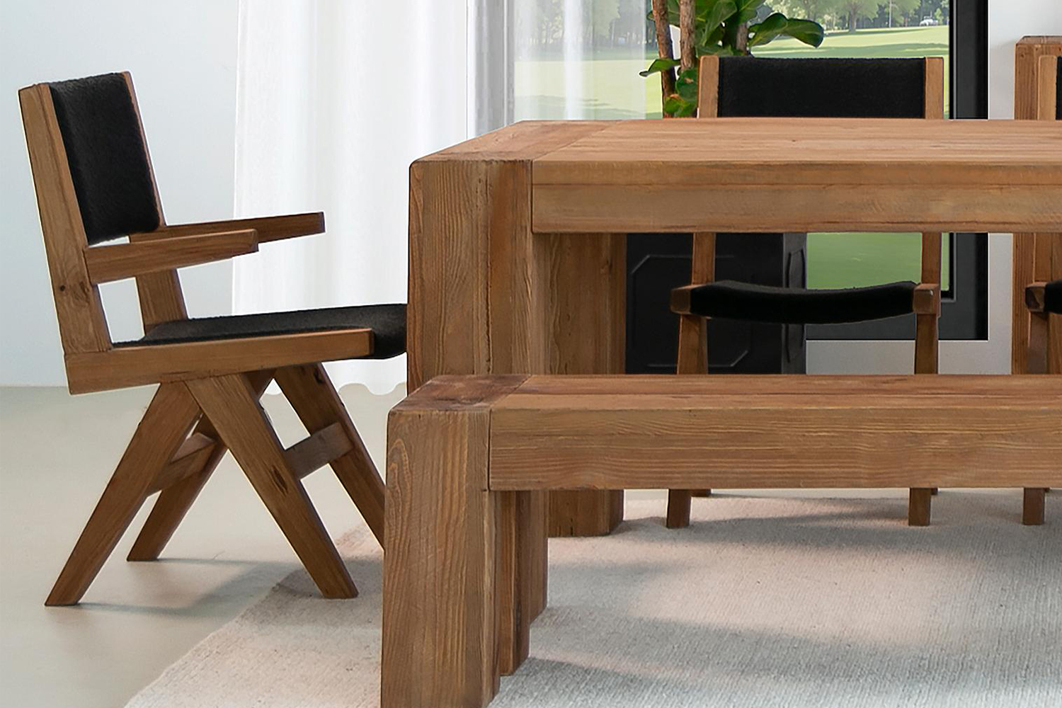 TIMBERA Solid Reclaimed Pine Wood Frame Dining Armchair with Genuine ...