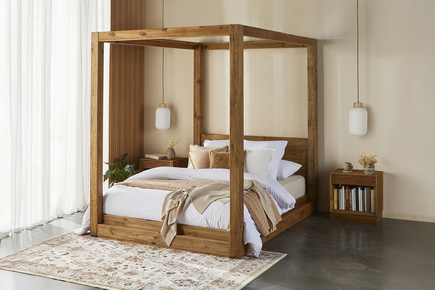 LIORA Reclaimed Pine Wood 4 Poster Canopy Bed Frame in Queen/Eastern ...