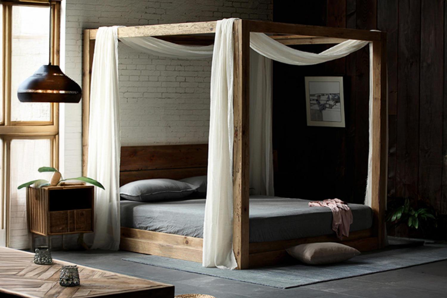 LIORA Reclaimed Pine Wood 4 Poster Canopy Bed Frame - Eastern King ...