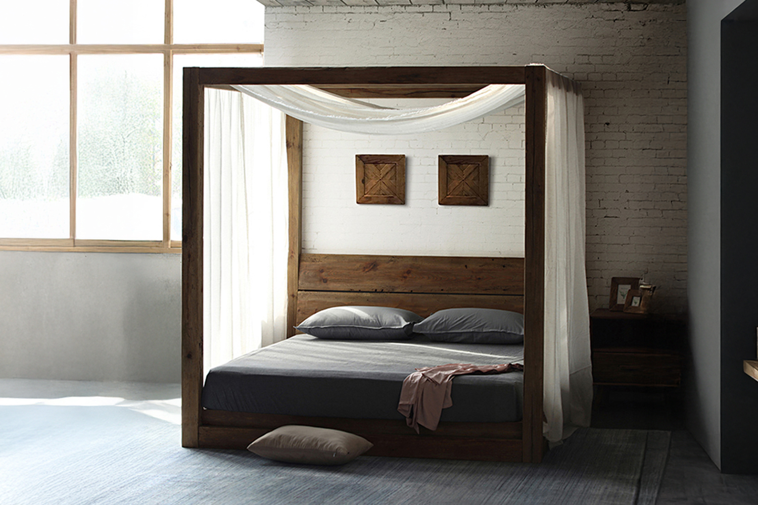 LIORA Reclaimed Pine Wood 4 Poster Canopy Bed Frame - Eastern King ...